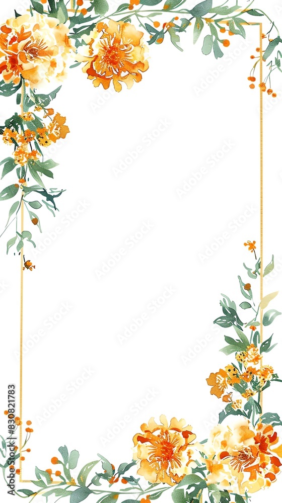 A delicate floral frame with a gold border The frame features clusters ...