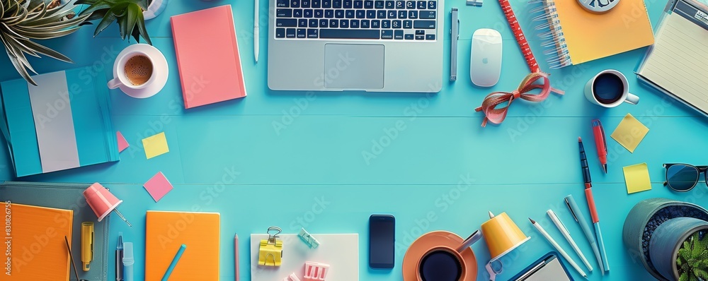 Busy desk with office supplies, coffee cups, and sticky notes, overhead ...