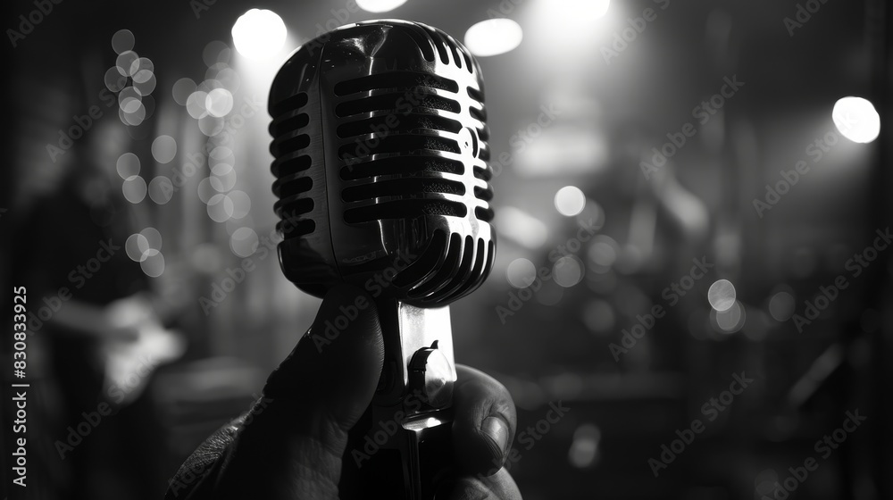 Hand gripping a vintage microphone, close up, intimate black and white ...