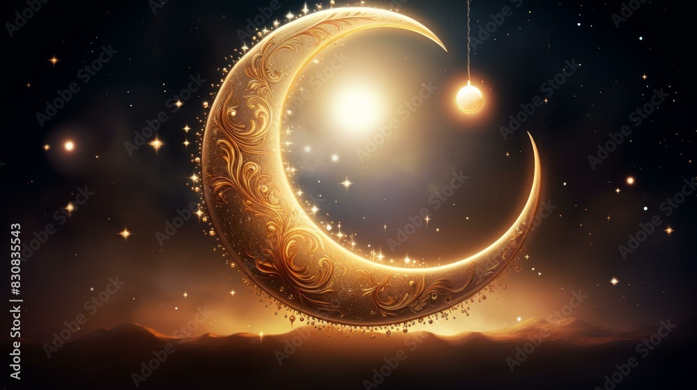 Captivating artwork of a crescent moon glowing in the night sky with ...