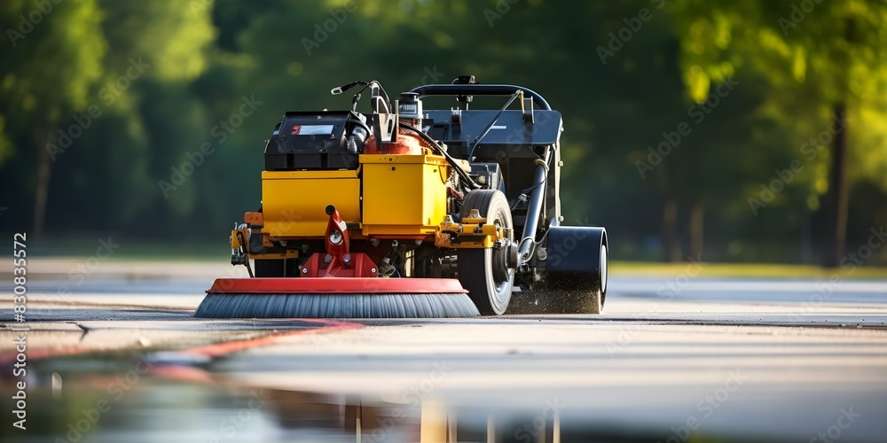 A road marking machine painting a yellow line on heated asphalt as it ...