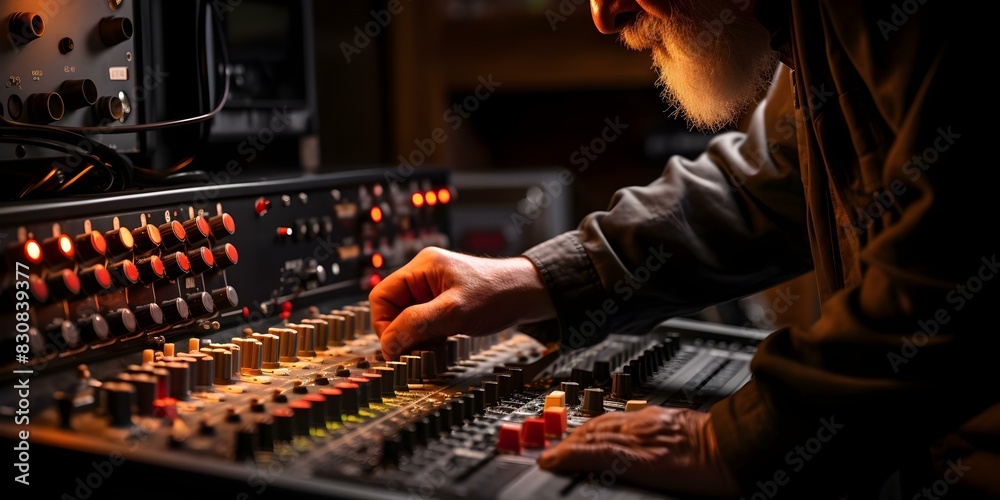 Professional sound engineer adjusting audio mixer in a recording studio ...