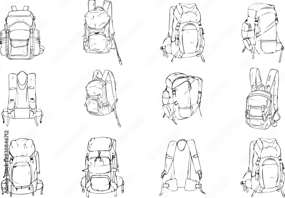 Collection of Hiking Backpack bag flat sketch fashion illustration ...