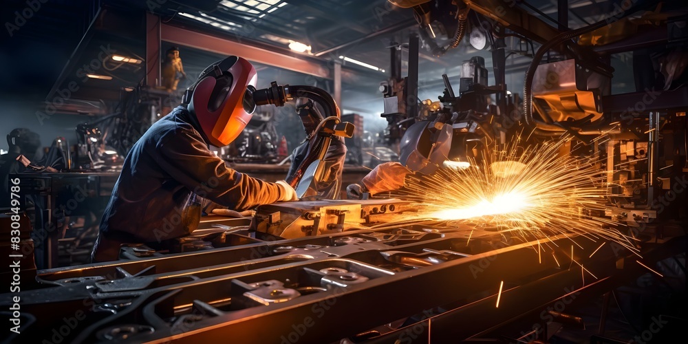 Futuristic factory with robotic arms welding in industrial setting ...