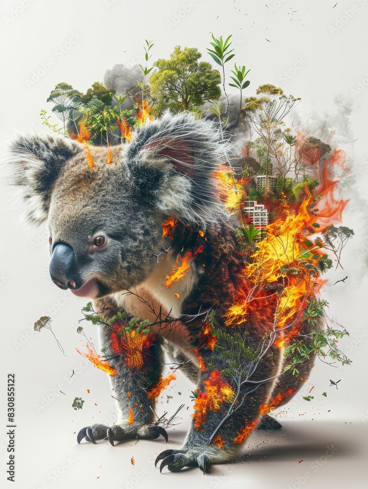 Koala with body of burning tropical forest with red flame and smoking ...