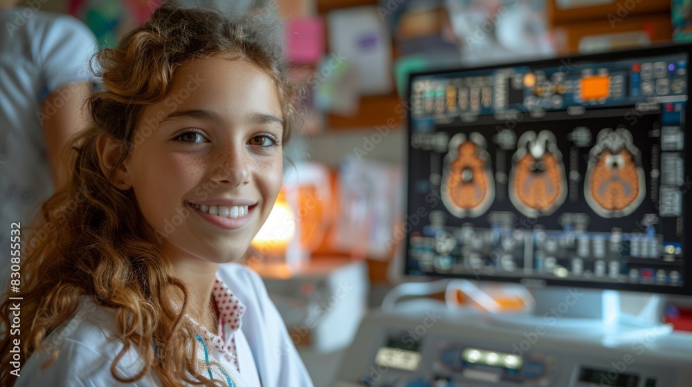 Smiling Young Girl in Medical Setting Analyzing Brain Scans on Computer ...