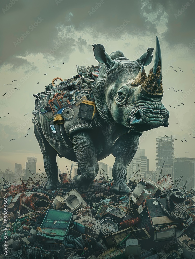 Rhino, its body marred with pieces of broken machinery, stands ...