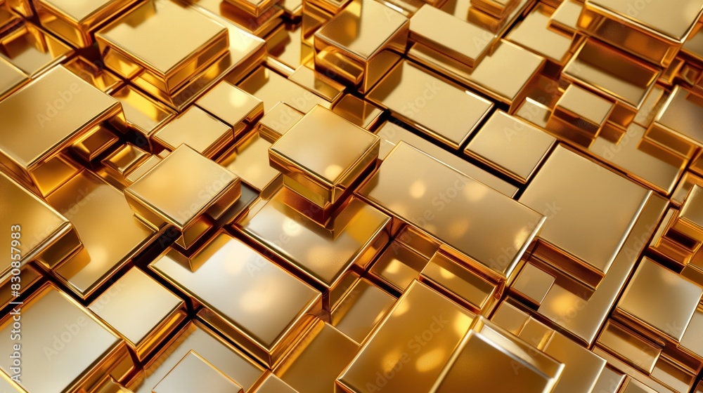 Abstract gold metallic texture with interlocking rectangular blocks ...