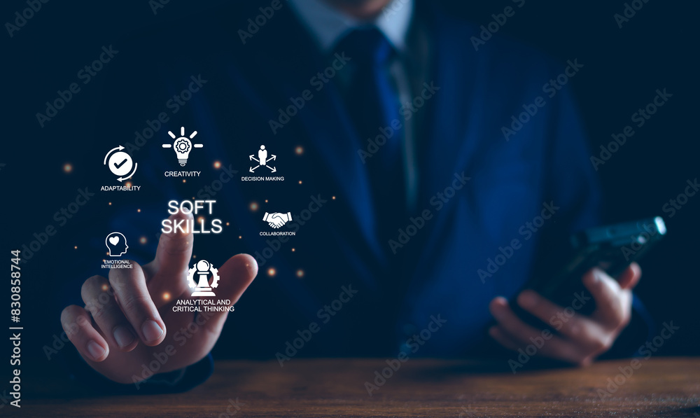Soft skills HR concept. Business man with icons of soft skills ...