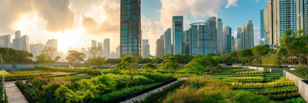 cityscape with green rooftops and urban gardens, illustrating ...