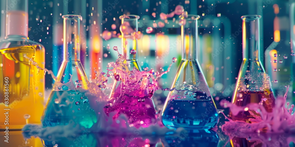 chemical reactions taking place in a laboratory setting, with colorful ...