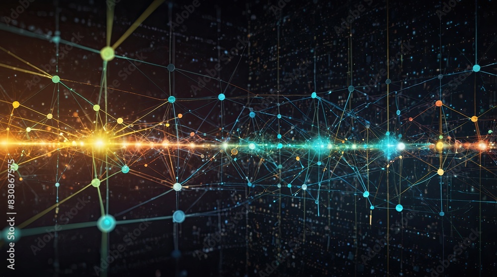 Modern technological background with vibrant neural network diagrams and holographic data ...