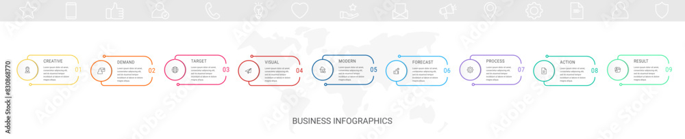 Vector line infographics with 9 circles. Business concept graphic ...