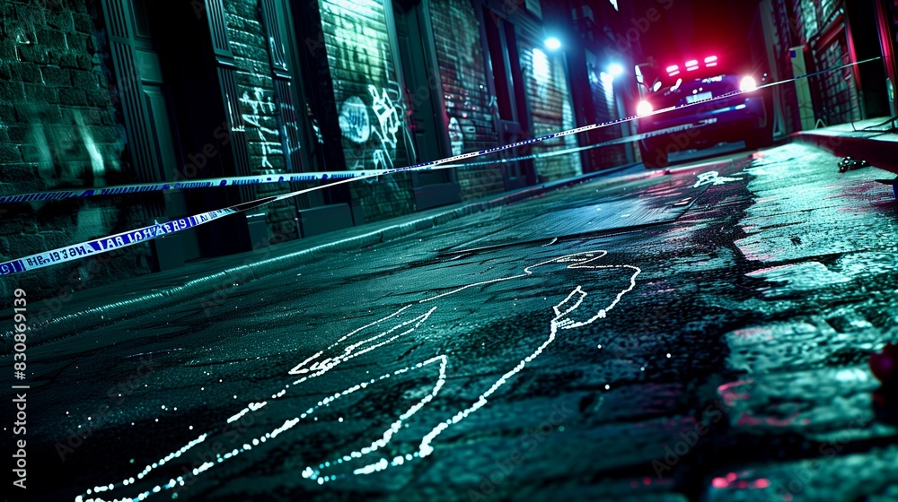 A dark, rainy alley with a chalk outline on wet pavement, police tape ...
