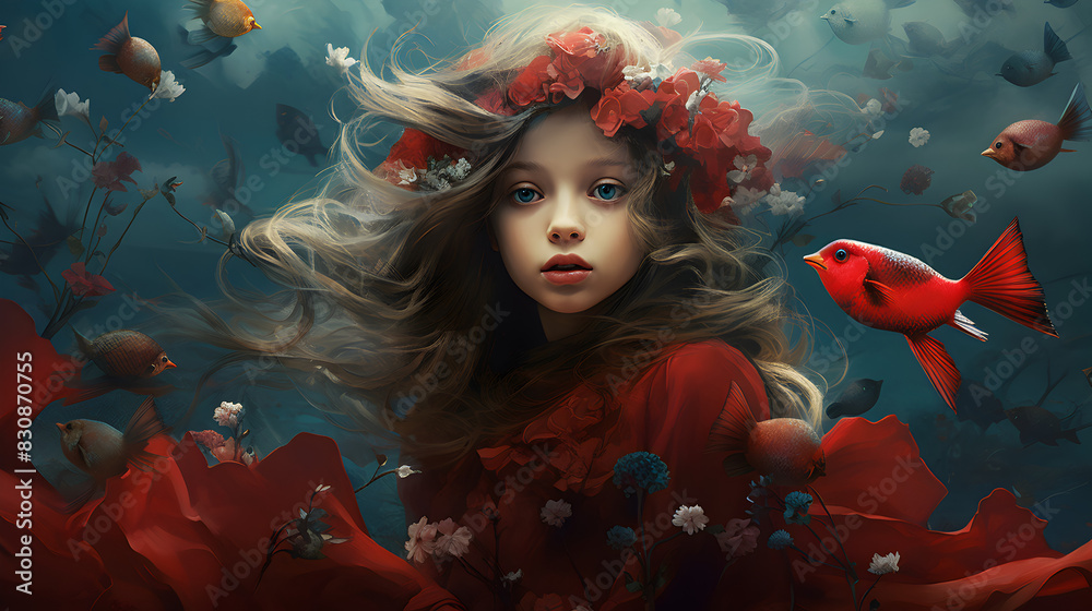 Anime Style Girl in the Ocean Among Magic Fish, Aquatic Adventure ...