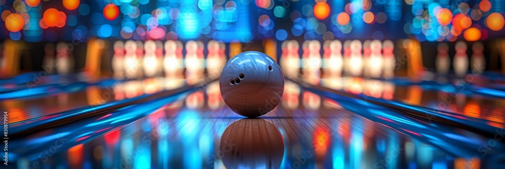 A single bowling ball is placed at the center of a bowling alley ...