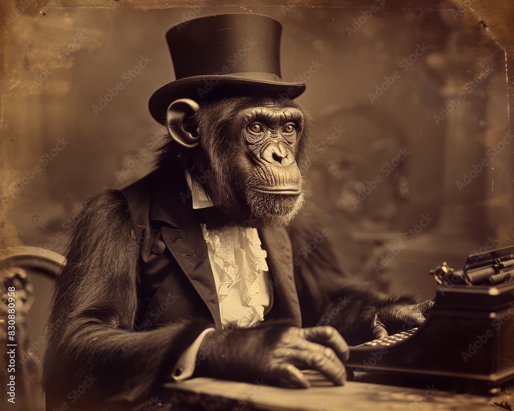 Anthromorphized chimpanzee dressed in Victorian male suit and top hat ...