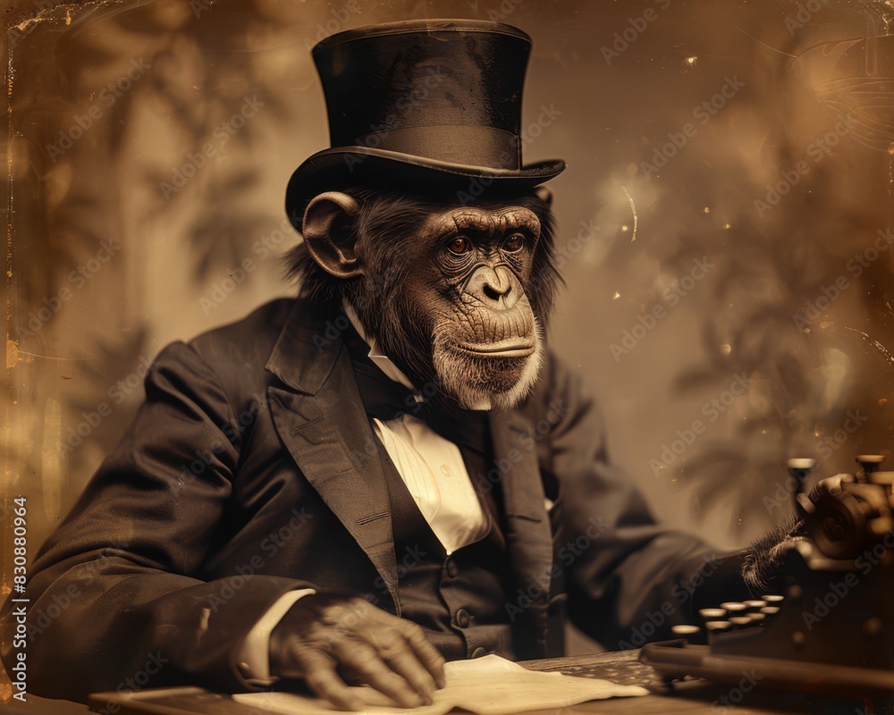 Anthromorphized chimpanzee dressed in Victorian male suit and top hat ...