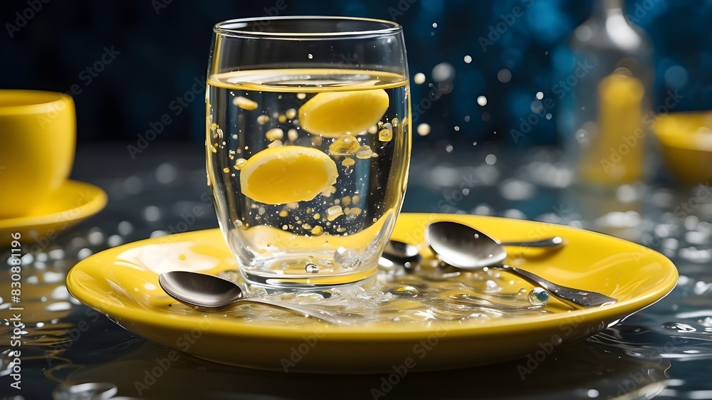 Cutlery and dishes submerged in bubbling water. A fork, spoons, mug ...