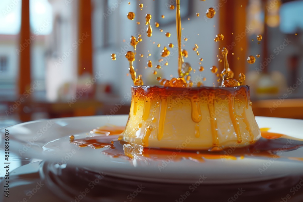 Flan - A creamy caramel custard dessert photorealistic in the style of ...