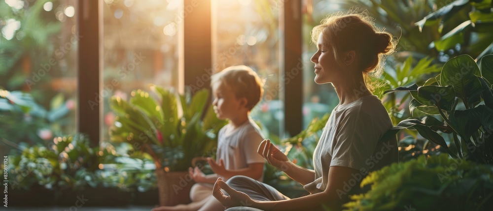 Digital meditation app interface floating above a serene family garden ...