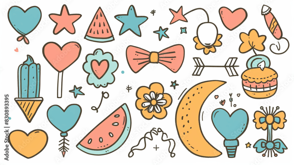 A cute doodle cartoon drawing of simple objects, vector illustration ...