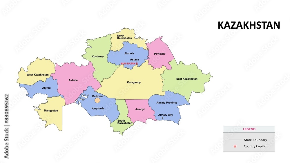 Kazakhstan Map. State and union territories of Kazakhstan. Detailed ...