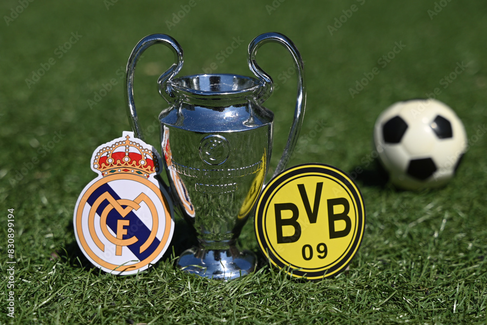 May 25, 2024, London, UK. The emblems of the football clubs ...