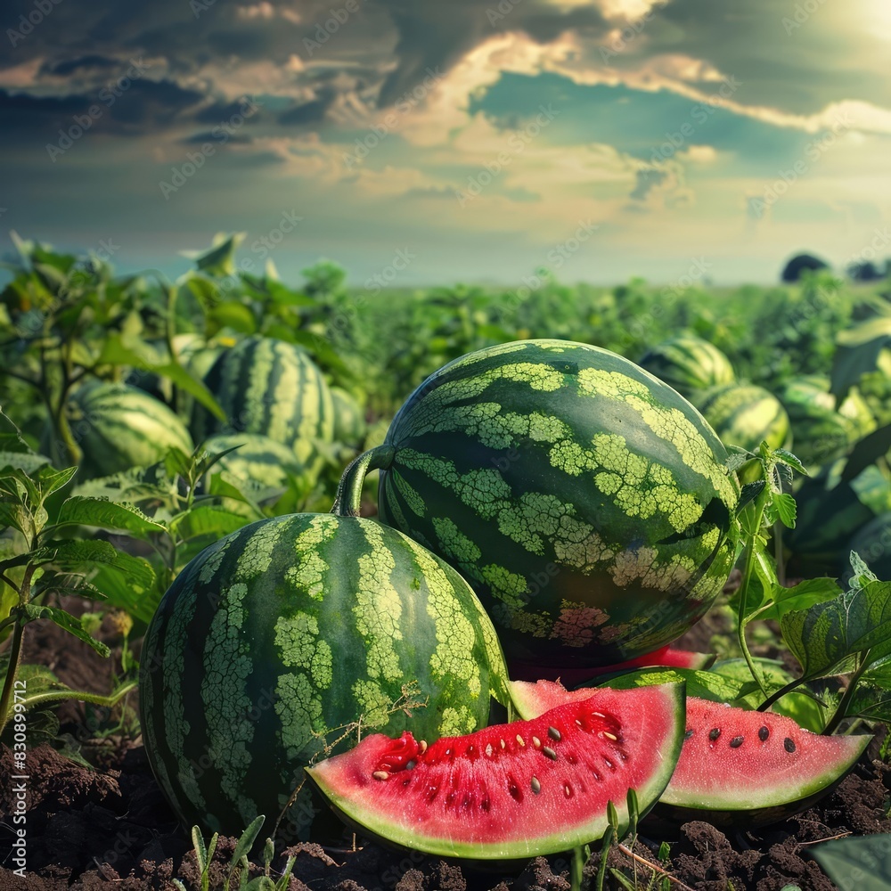 Fresh watermelons in a lush field, with a sky background, showing a ...