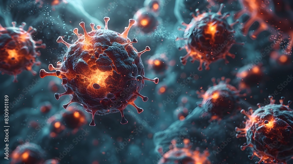 Microscopic Virus Cells with Fiery Explosion of Color and Energy Stock ...
