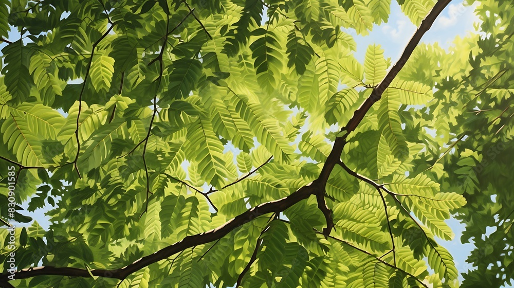 Sunlit leaves of a black walnut tree, their compound structure ...