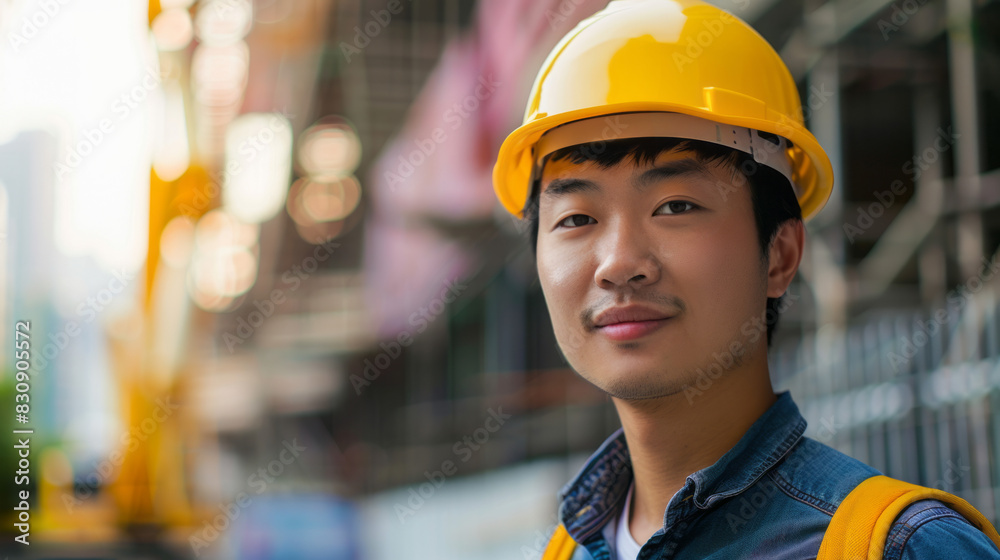 Confident asian construction worker. Portrait of a young Asian ...