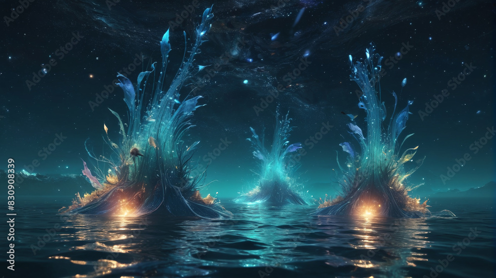 In the Celestial Ocean, colossal beings resembling aquatic creatures ...