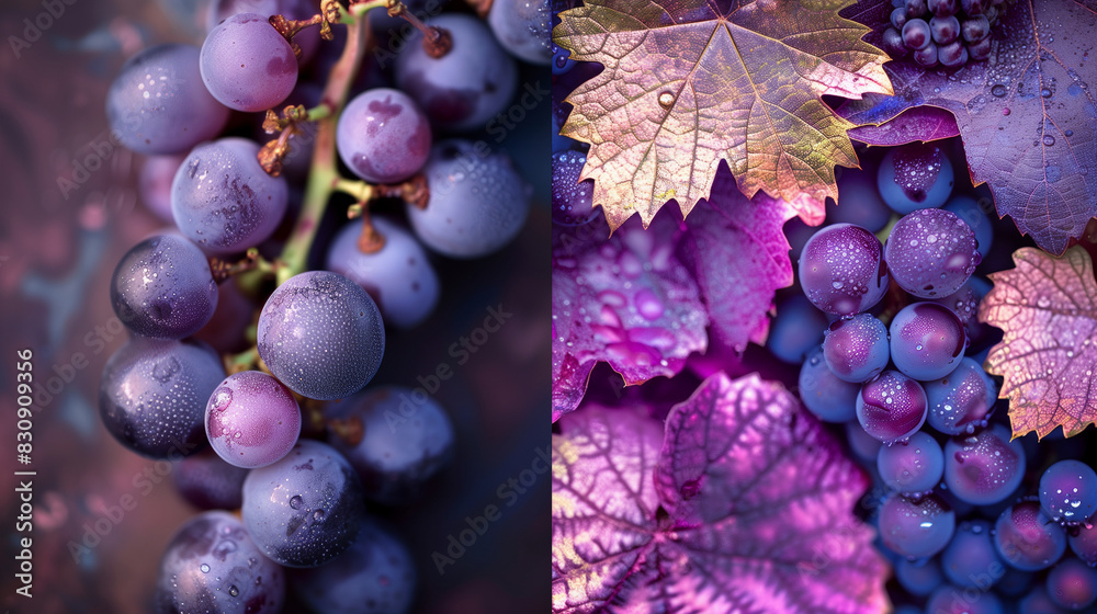 Purple grapes, glistening water droplets, and lush grape leaves set ...