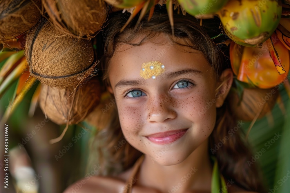 a joyful smile, a Caucasian princess with blonde hair creates a coconut ...
