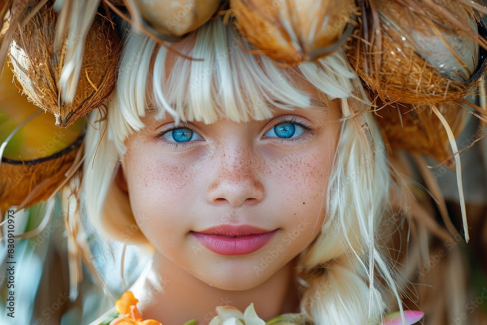 a joyful smile, a Caucasian princess with blonde hair creates a coconut ...