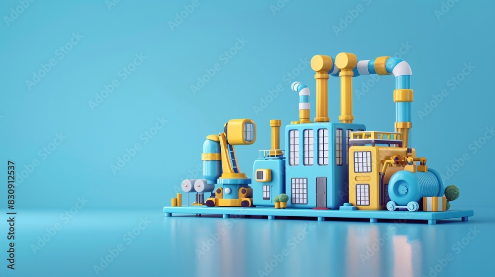 3D Colorful illustration of a miniature factory with various pipes and ...