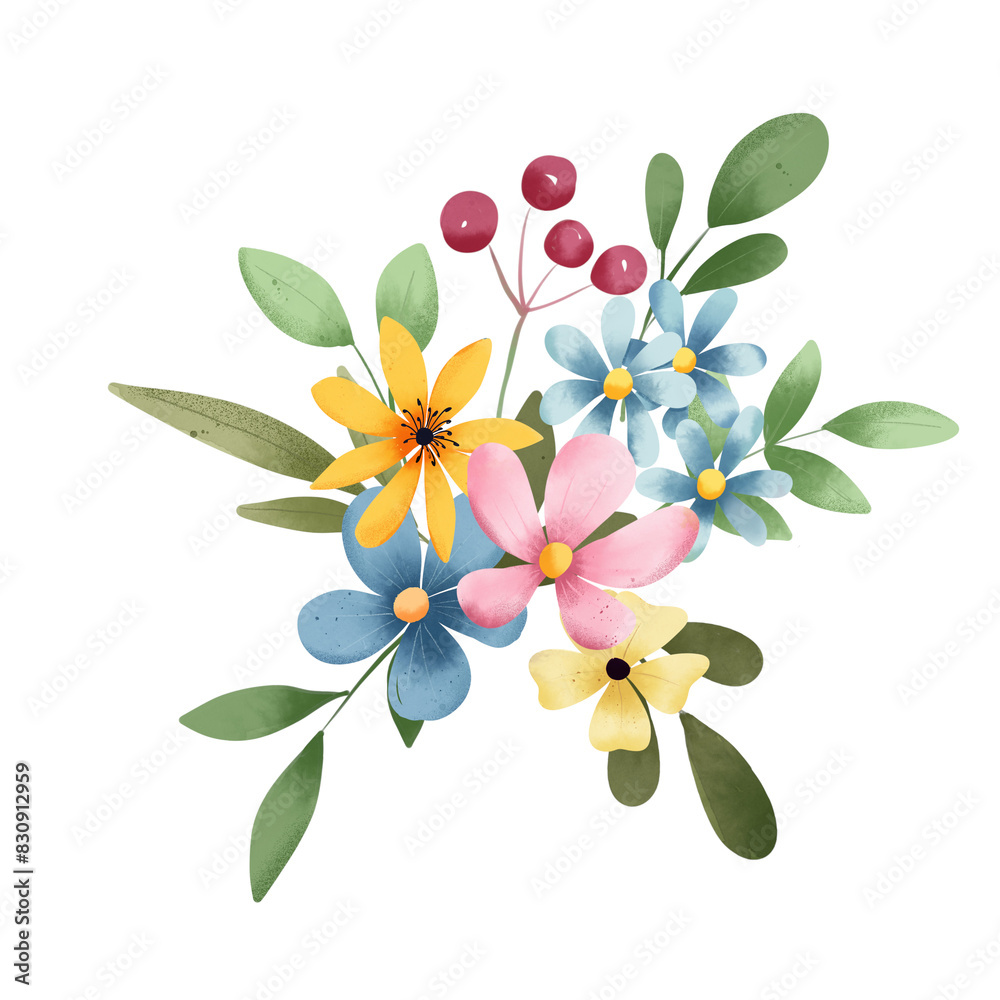 Pink and blue flowers, leaves watercolor floral clip art. Bouquet ...
