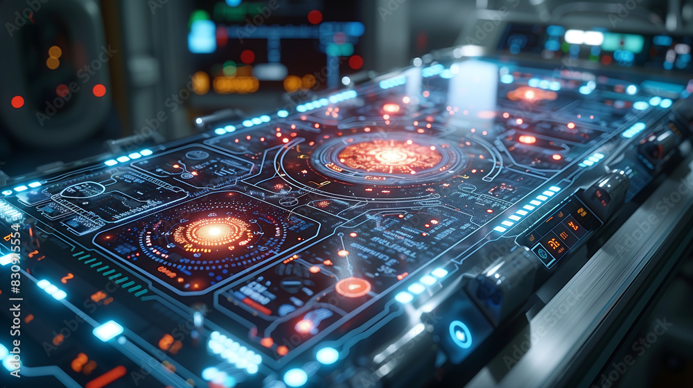 futuristic holographic display on a digital table with glowing lights ...