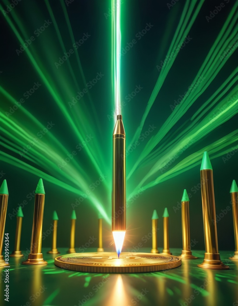 A high-tech bullet with green laser beams and multiple similar bullets ...