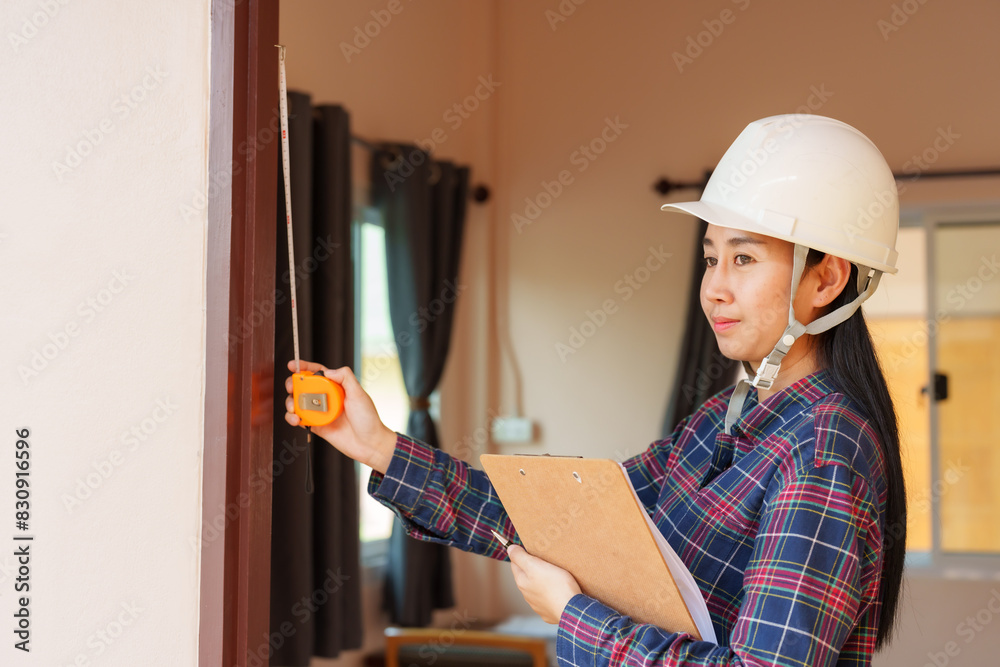 Asian female home inspector in safety helmet measuring door frame with ...