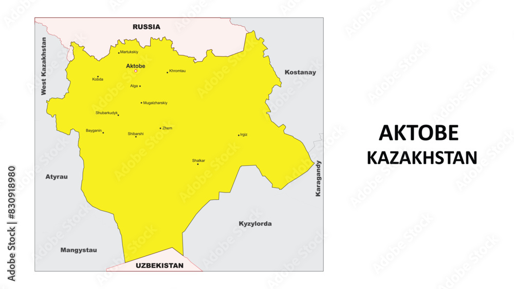Aktobe Map. District map of Kazakhstan in color with Capital. District ...