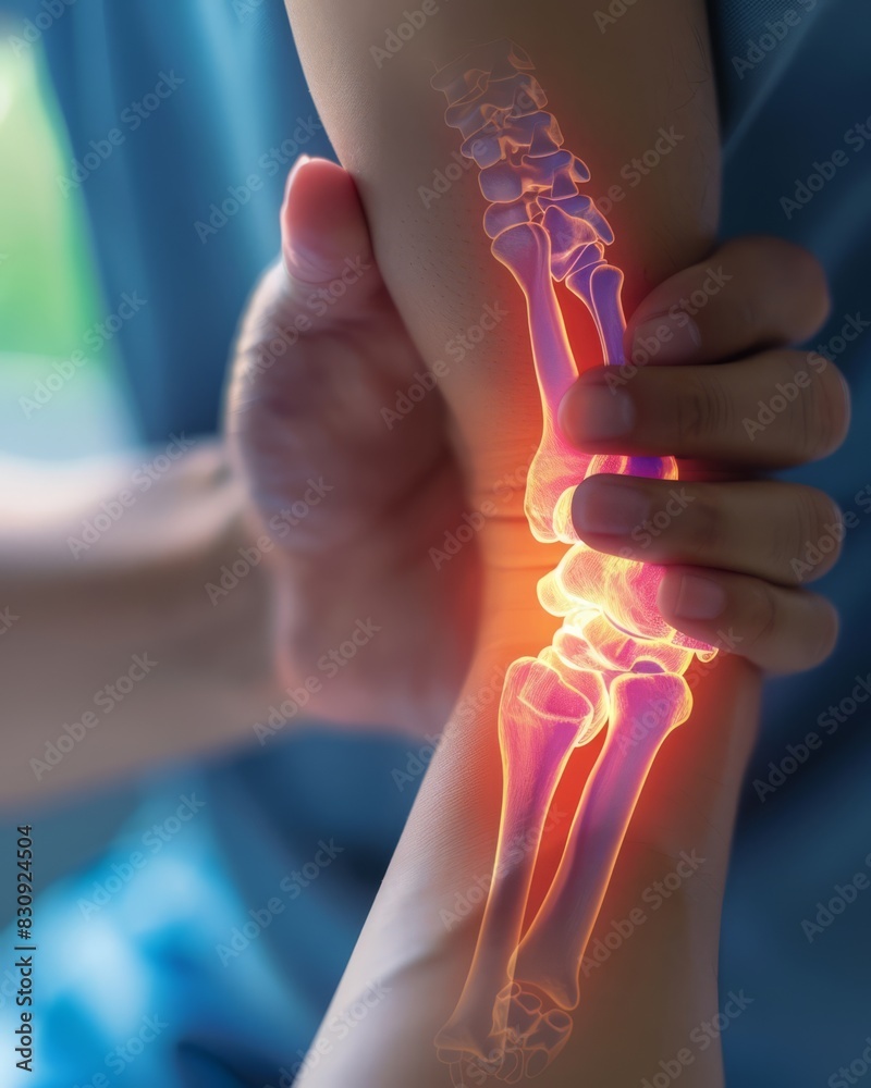 Full shot of a patient focusing on his painful wrist joint highlighted ...