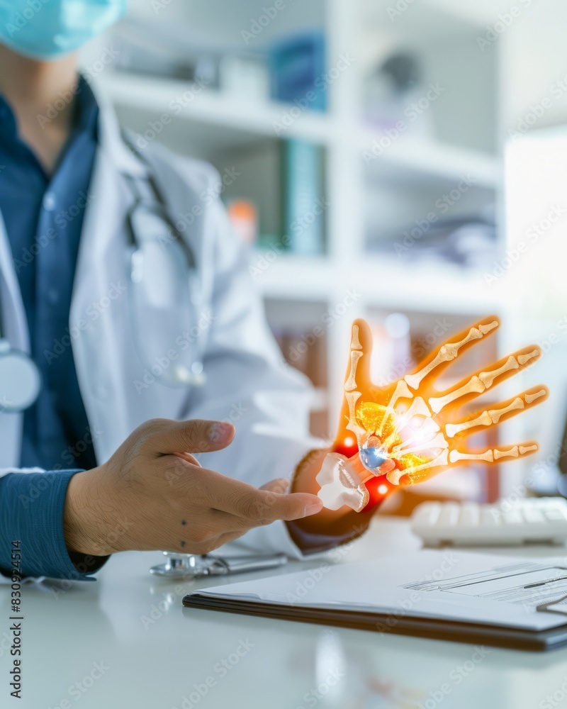Full shot of a patient focusing on his painful wrist joint highlighted ...