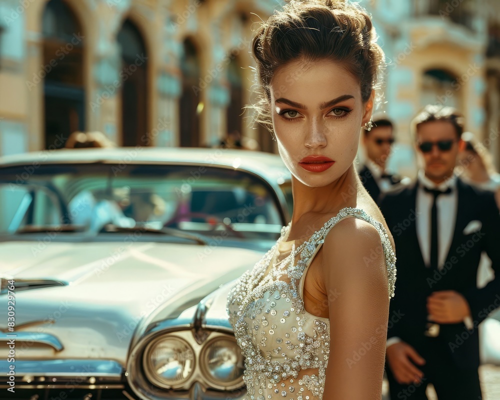 A stylish depiction of a 1960s mafia wedding, with the bridal couple ...