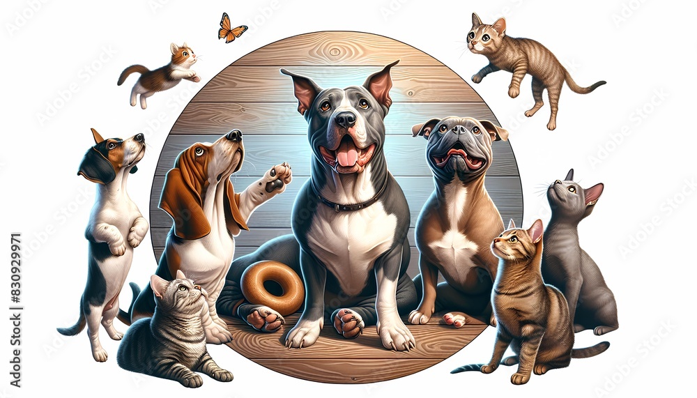 group of dogs and cats are gathered around a wooden circle, with a ...
