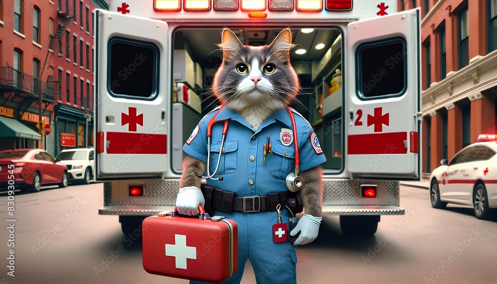 Cat Dressed as an EMT with an Ambulance in the Background, Emergency ...
