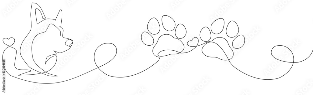 One continuous line drawing of dog and dog footprint with heart. Line ...