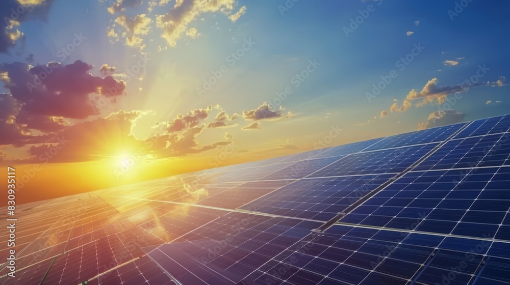Solar panels under the sunset sky with copy space for text, solar power ...