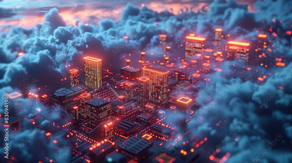 3D illustration of a futuristic cityscape resembling a DBMS with neon ...